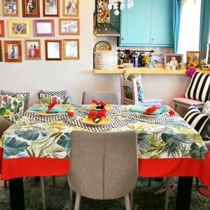 Tropical Tablecloth, Green Red Tablecloth, Cotton Tablecloth, Dining ...