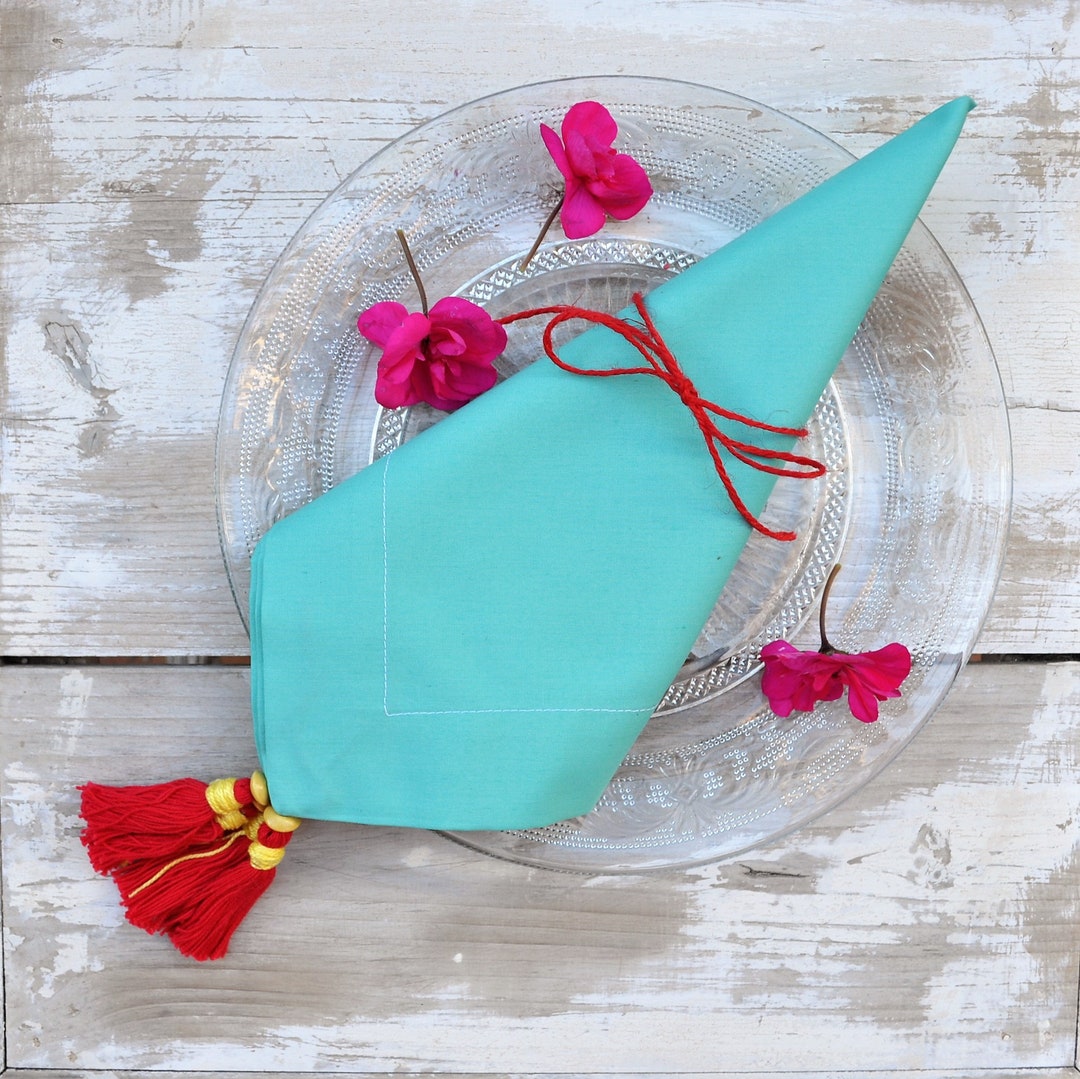 4 Turquoise Napkins, Set4 Tassels Napkins, Set4 Cotton Napkins ...