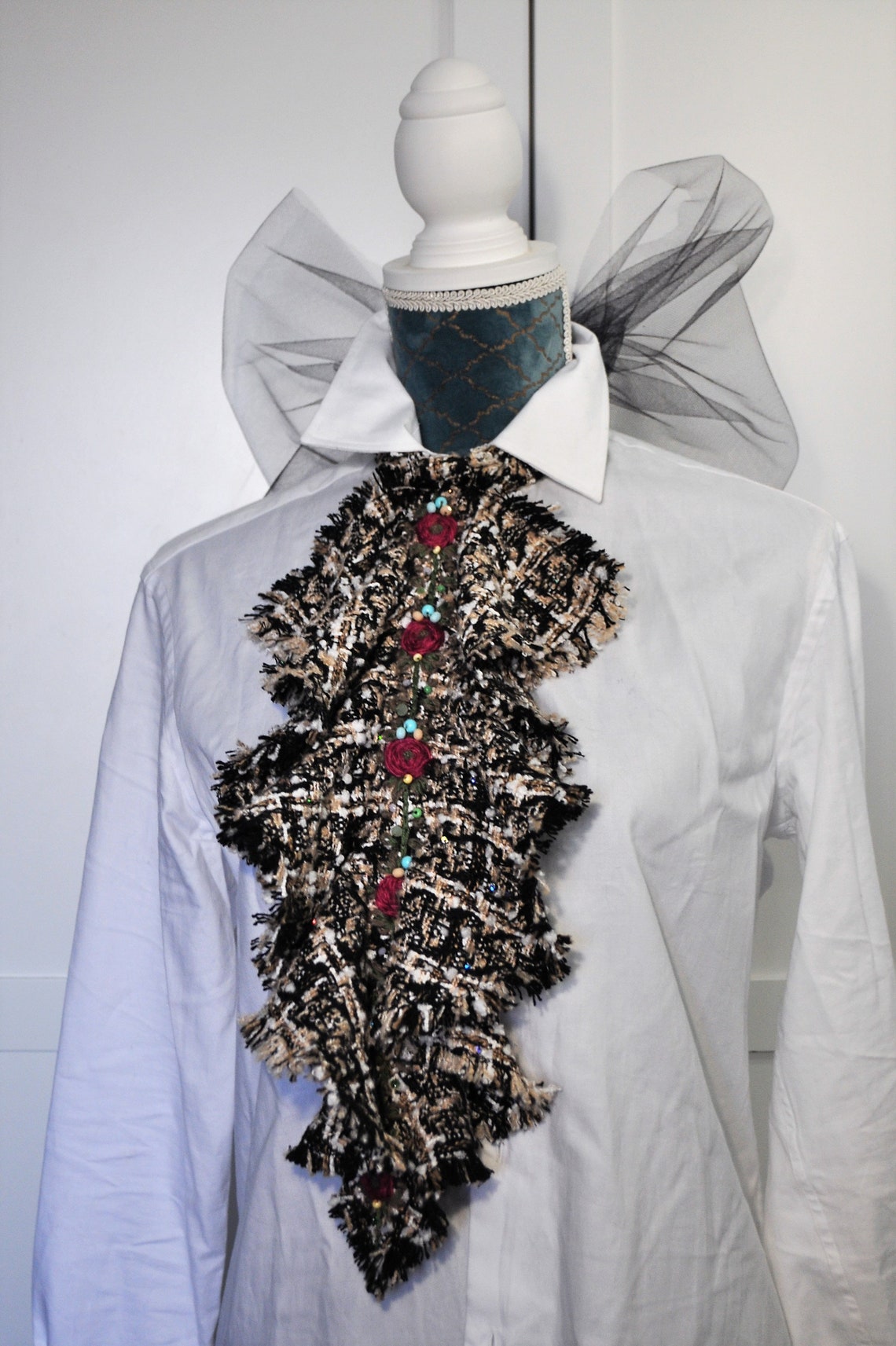 Tweed Ruffle Jabot Tweed Fringe Jabot Embroidery Jabot - Etsy