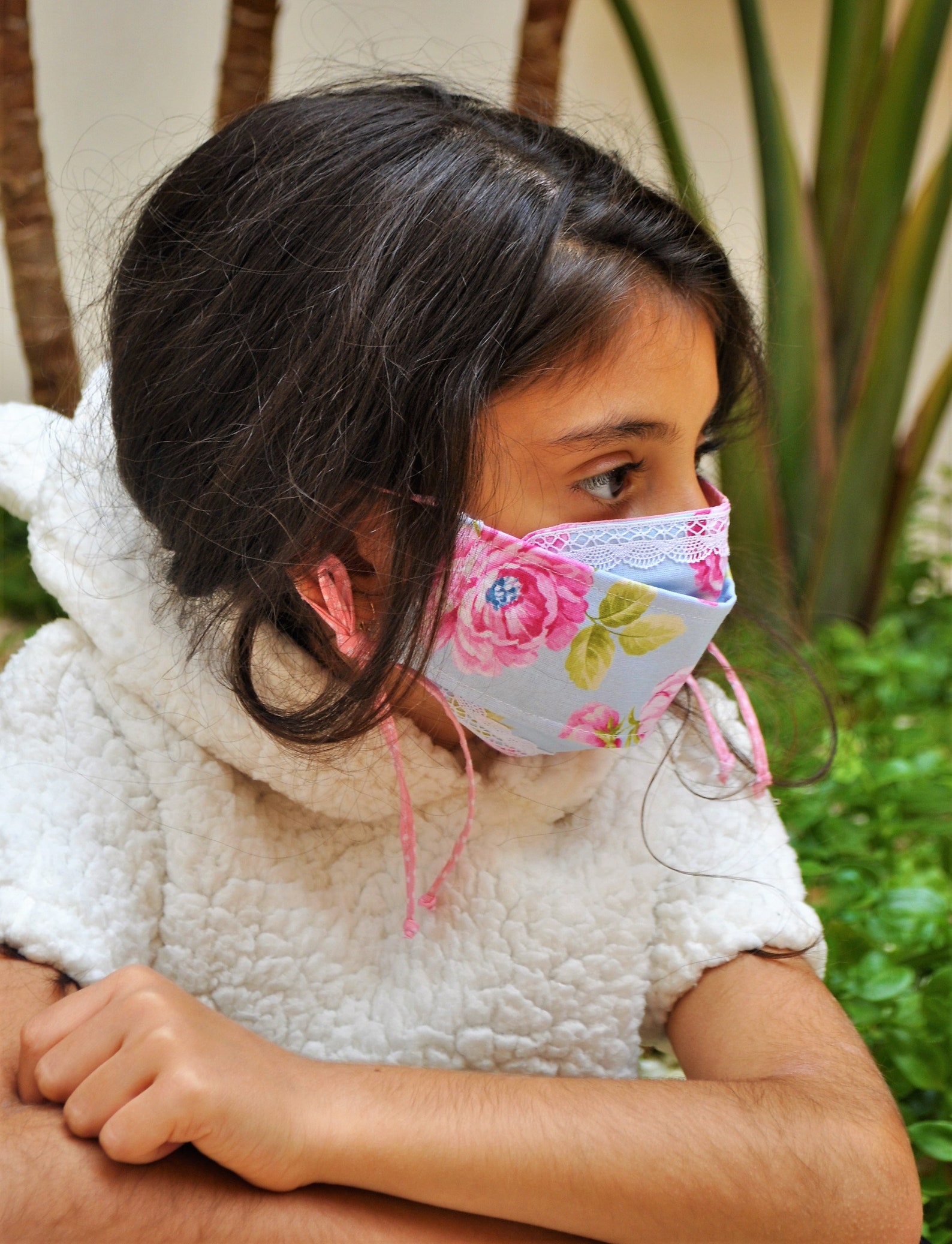 Girls Rustic Mask, Blue Mask Long Ties, Duoble Layer Mask, Blue Lace ...