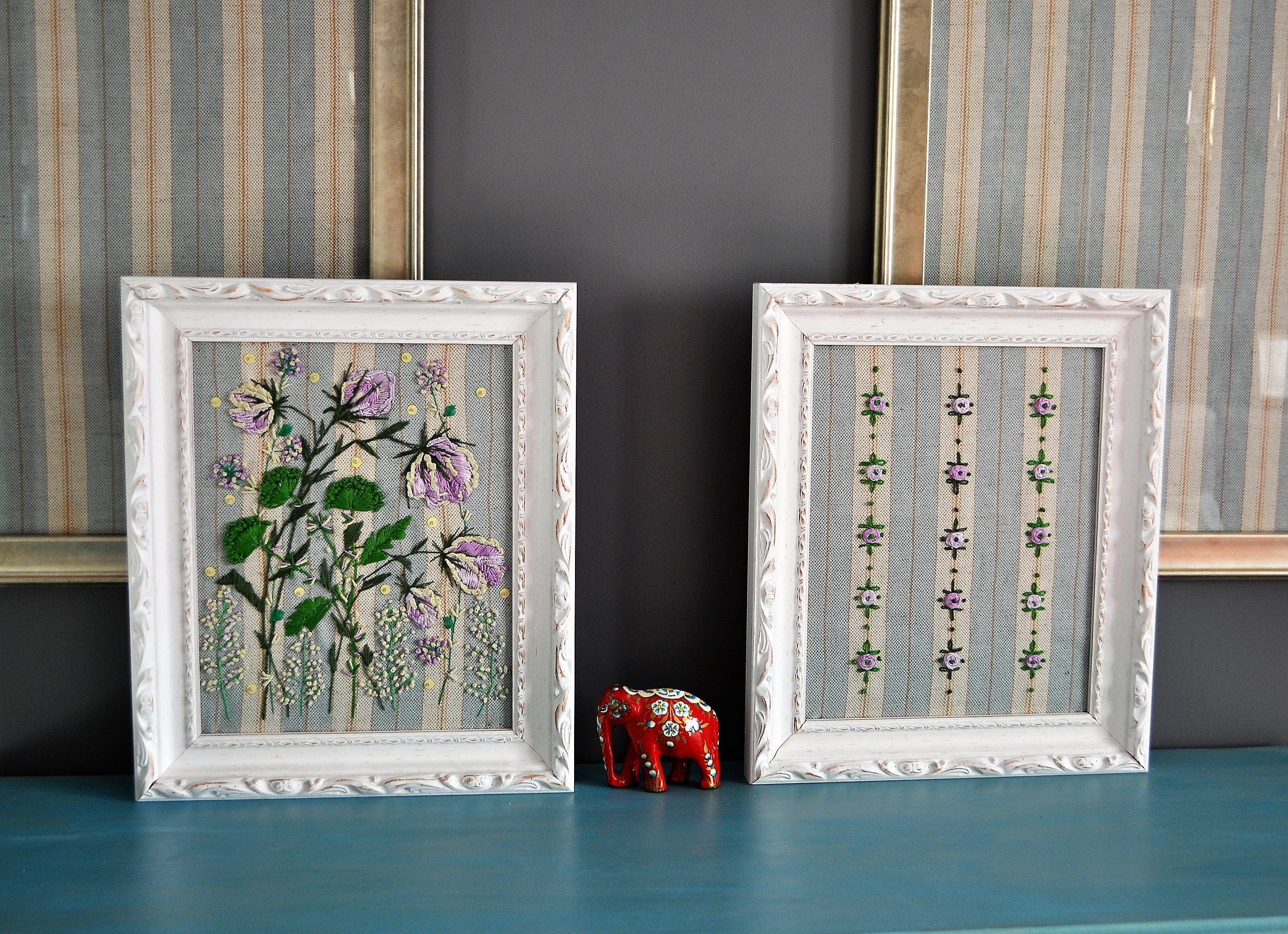 Embroidery in Frame, Collectible Frame, White Wood Frame, Striped Linen ...