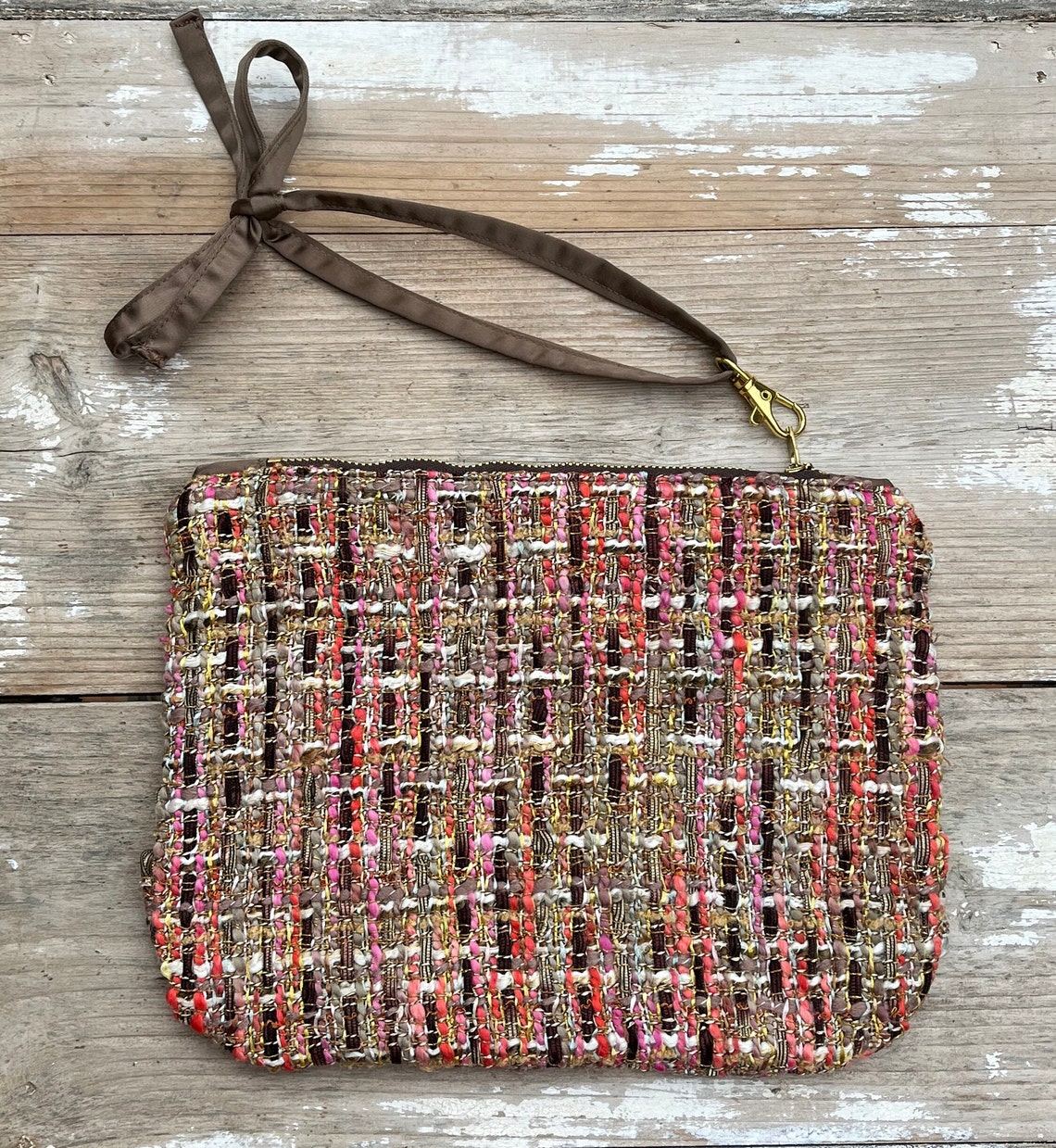 Tweed Clutch Bag, Brown Tweed Clutch, Tweed Small Bag, Toiletry Bag ...