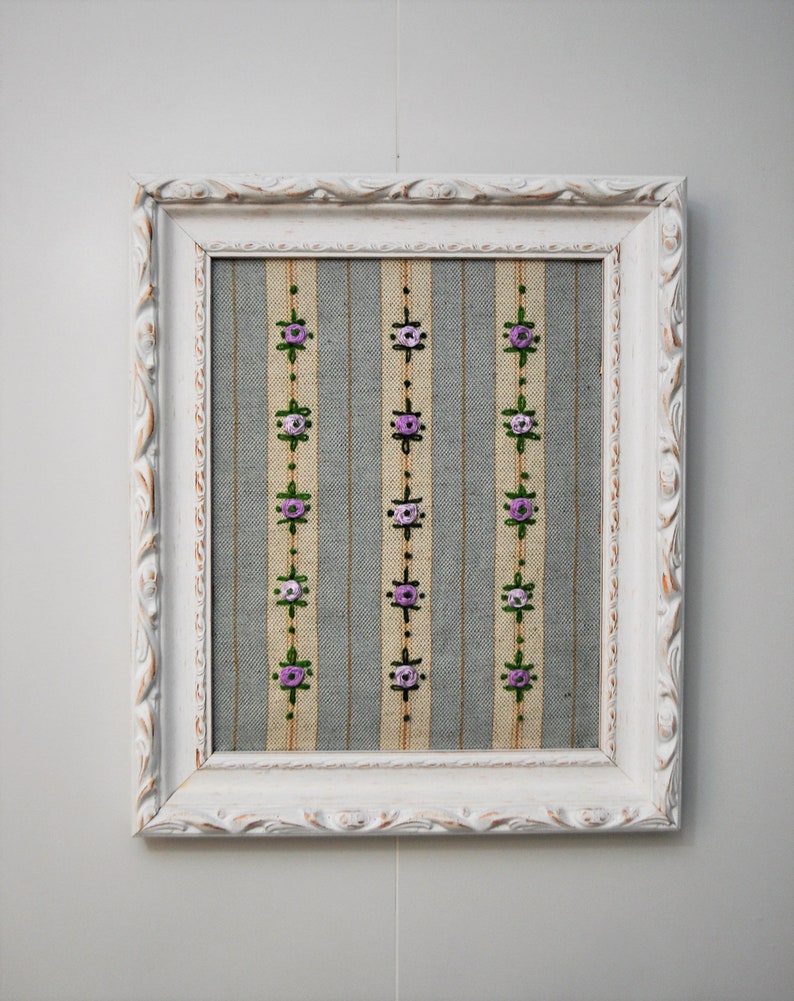 Embroidery in Frame, White Wood Frame, Striped Linen Frame, Hand ...