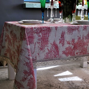 Linen Tablecloth, Toile De Jouy Linen, Lace Tablecloth, 4-6 Guest ...