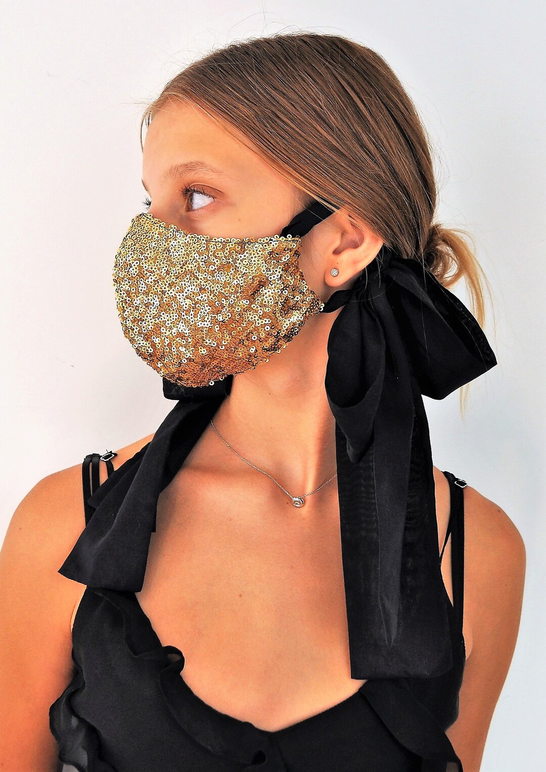Gold Sequins Mask, Black Wide Ties Mask, Duoble Layers Mask, Party Gold ...