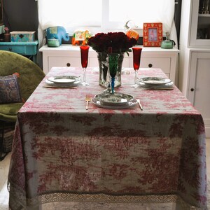 Linen Toile De Jouy Tablecloth 63x90 in French Lace Trim Elegant ...