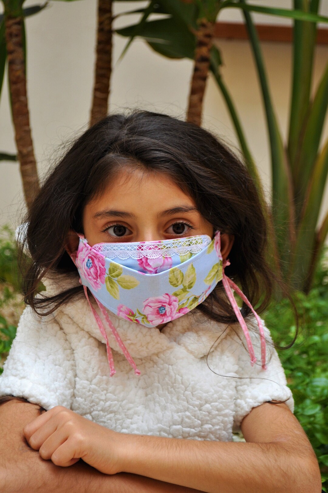 Girls Rustic Mask, Blue Mask Long Ties, Duoble Layer Mask, Blue Lace ...