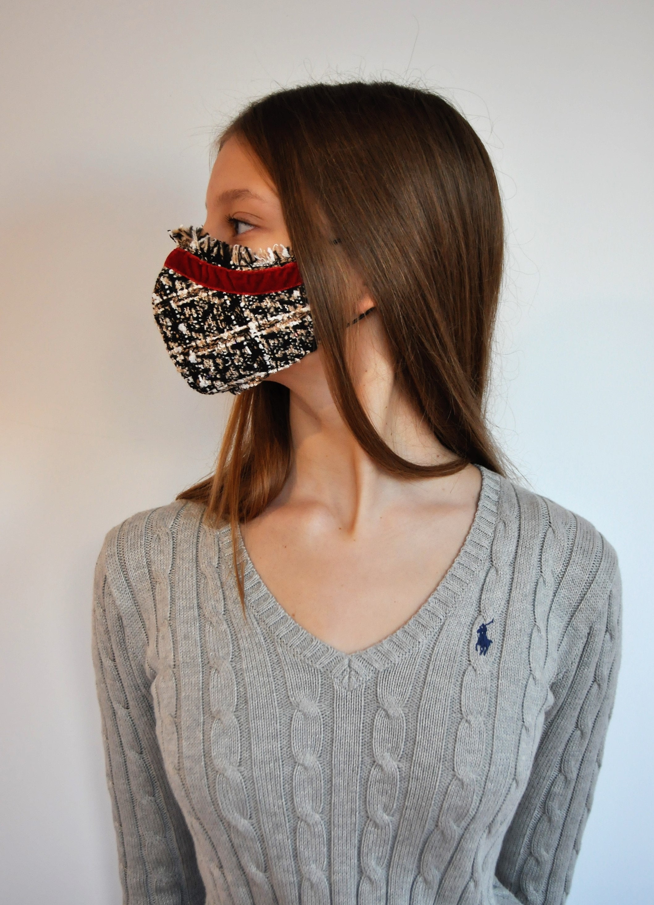 Plaid Tweed Mask, Plaid Fringe Mask, Duoble Layers Mask, Decorative ...