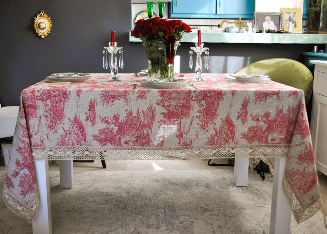 Linen Tablecloth, Toile De Jouy Linen, Lace Tablecloth, 4-6 Guest ...