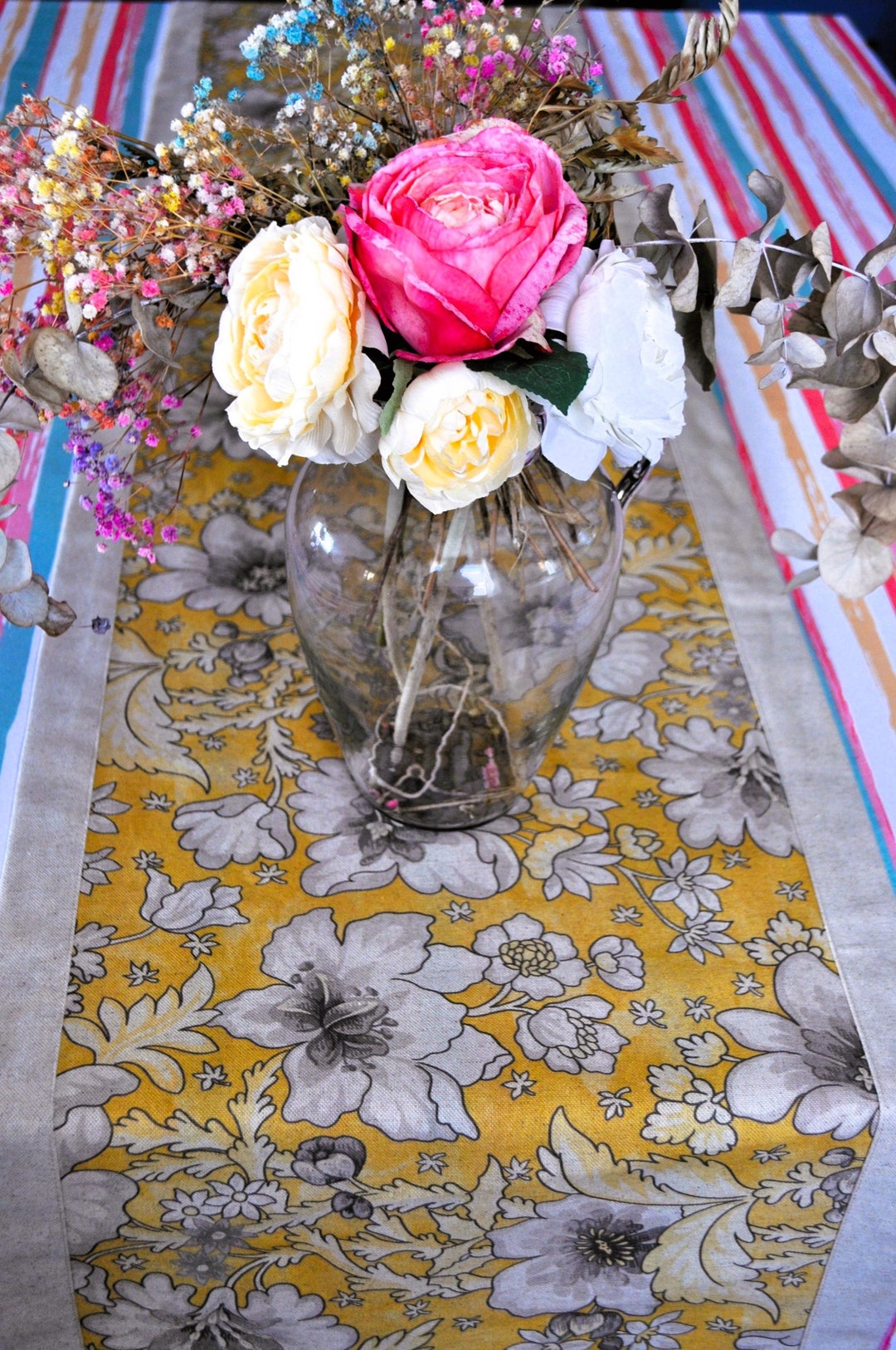 Yellow Table Runner, Baroque Style Table, Cotton Tablecloth, 2-4 Guest ...