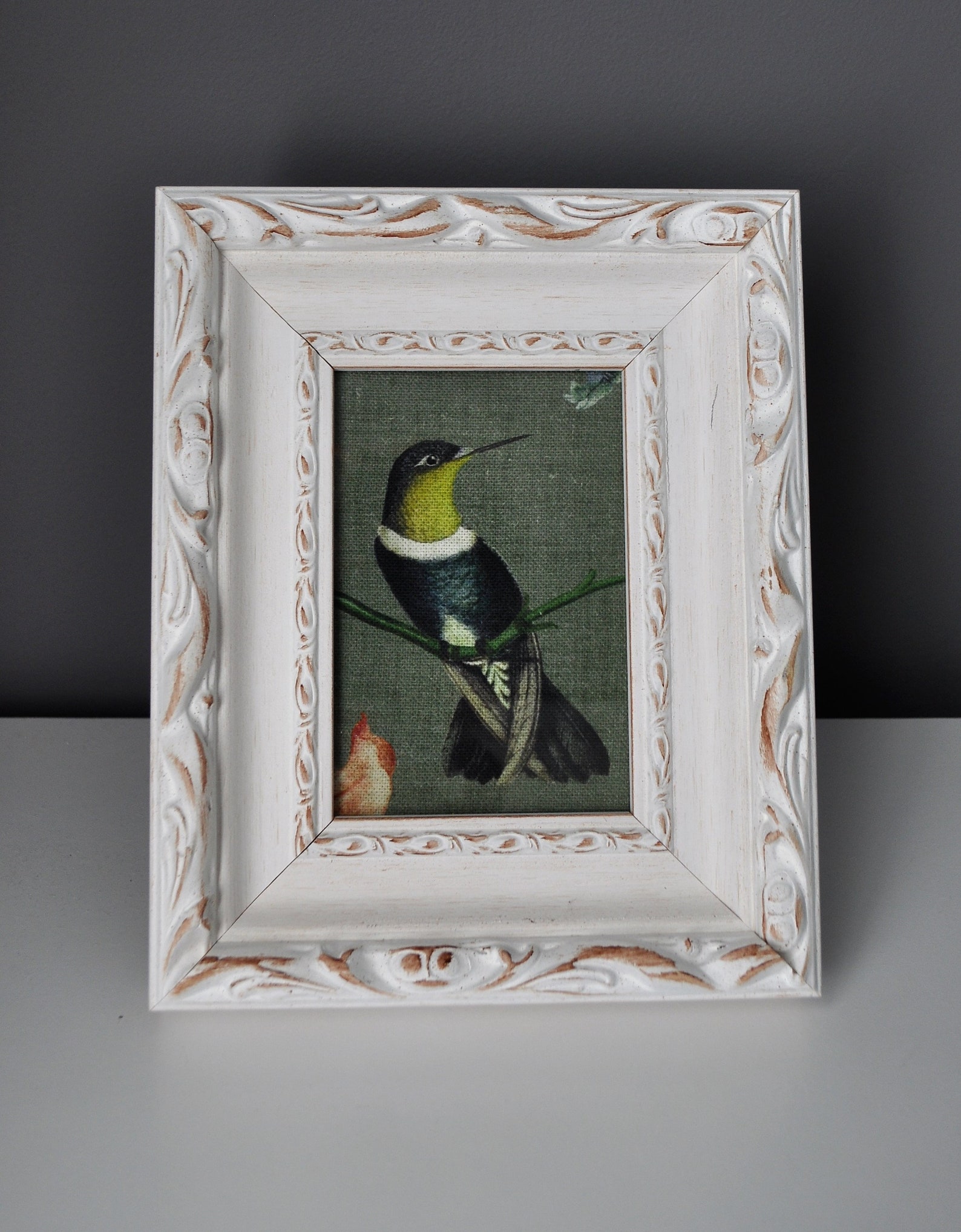 Fabric Bird Frame, Frame Green Bird, White Wooden Frame, Vintage Style ...