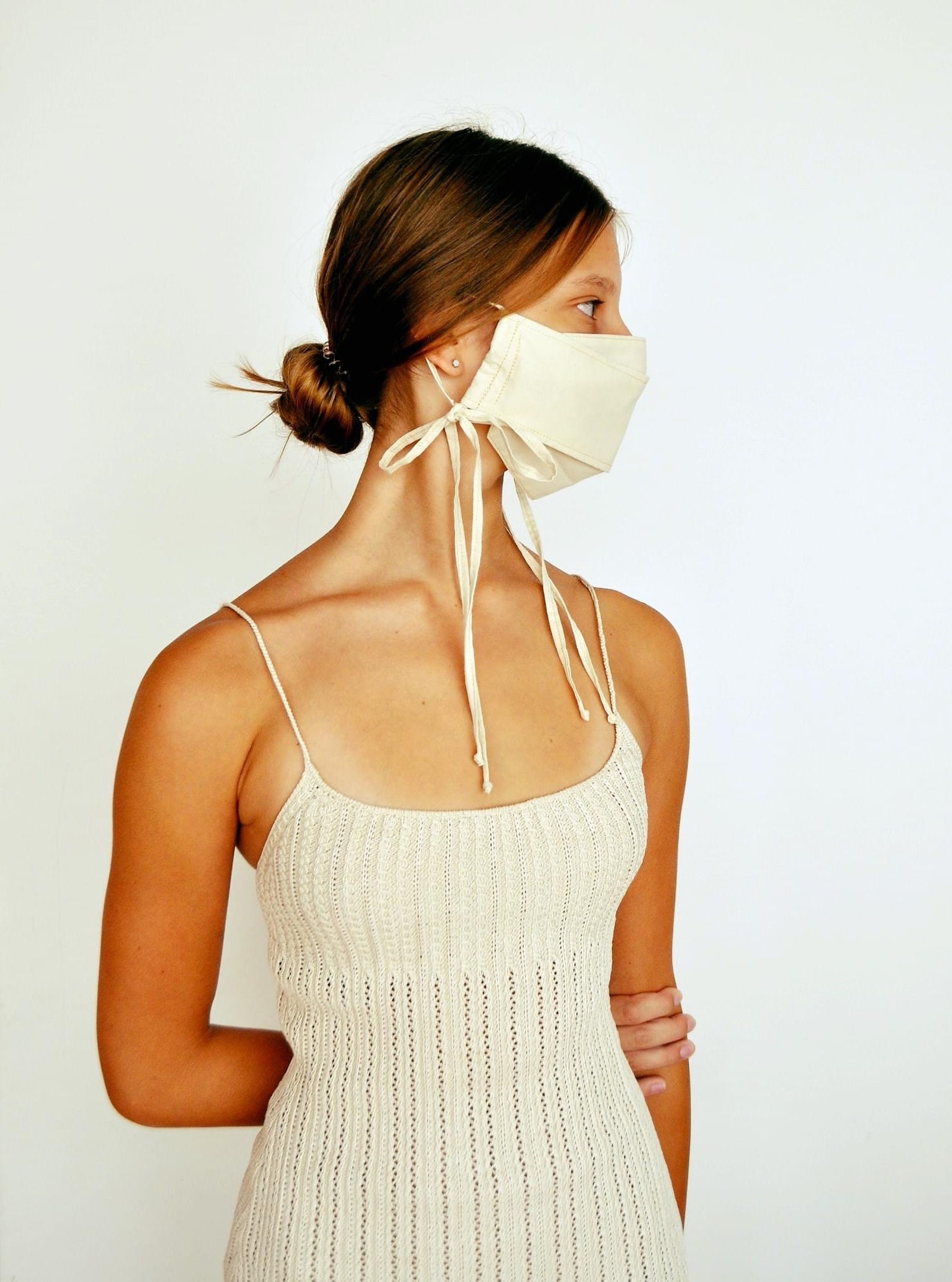 Designer Beige Mask, Mask With Ties, Triple Layer Mask, Decorative Mask ...