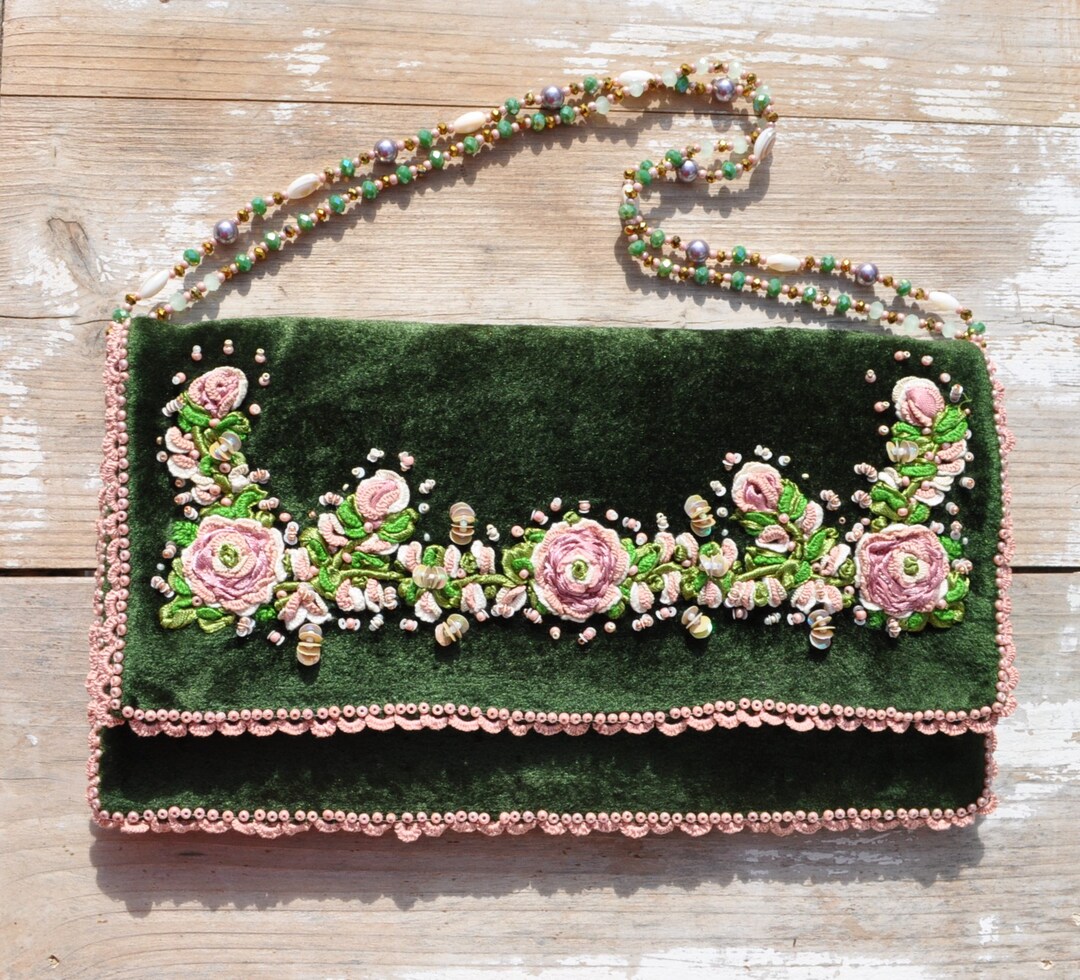 Embroidery Clutch, Brazilian Embroidery, Velvet Clutch Bag, Green ...