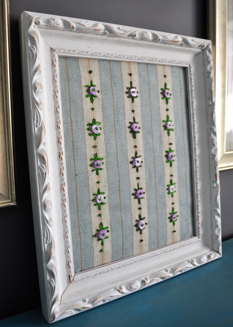 Embroidery in Frame, White Wood Frame, Striped Linen Frame, Hand ...
