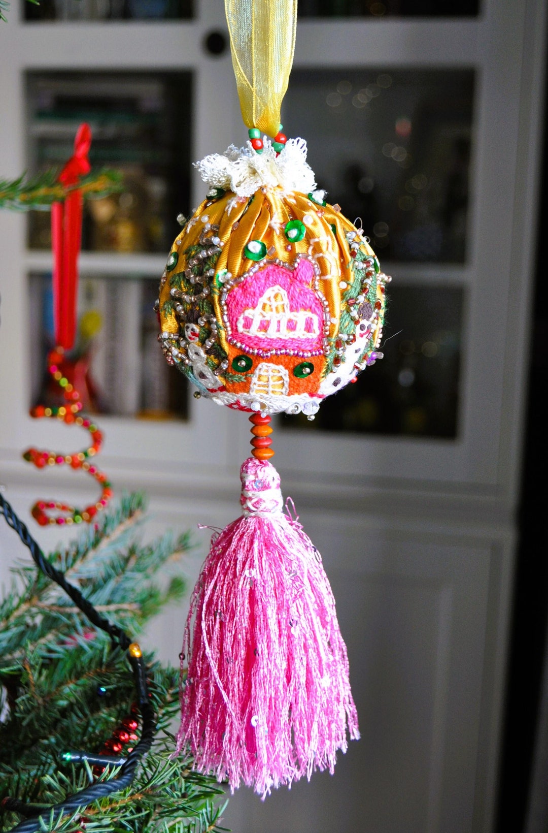 Embroidery Xmas Ball, Yellow Xmas Ball, Handmade Christmas, Pendant ...