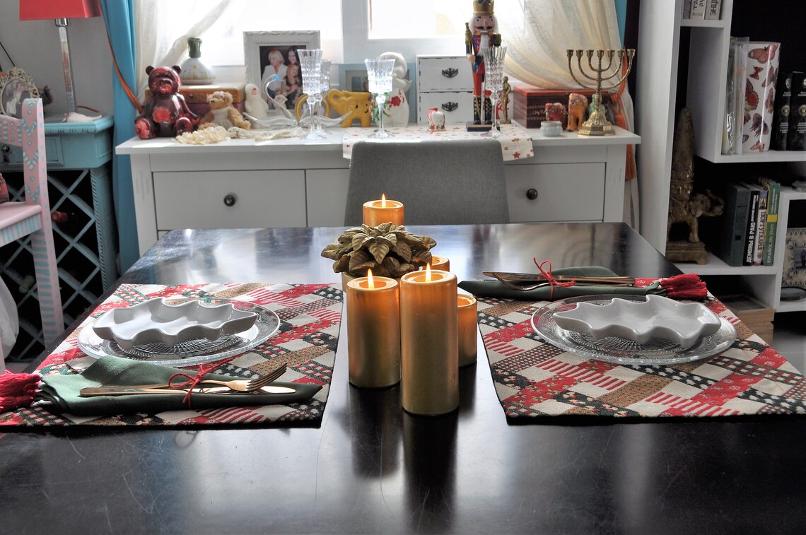 Christmas Placemats, Xmas Gold Placemat, Green Red Placemats, Jacquard ...