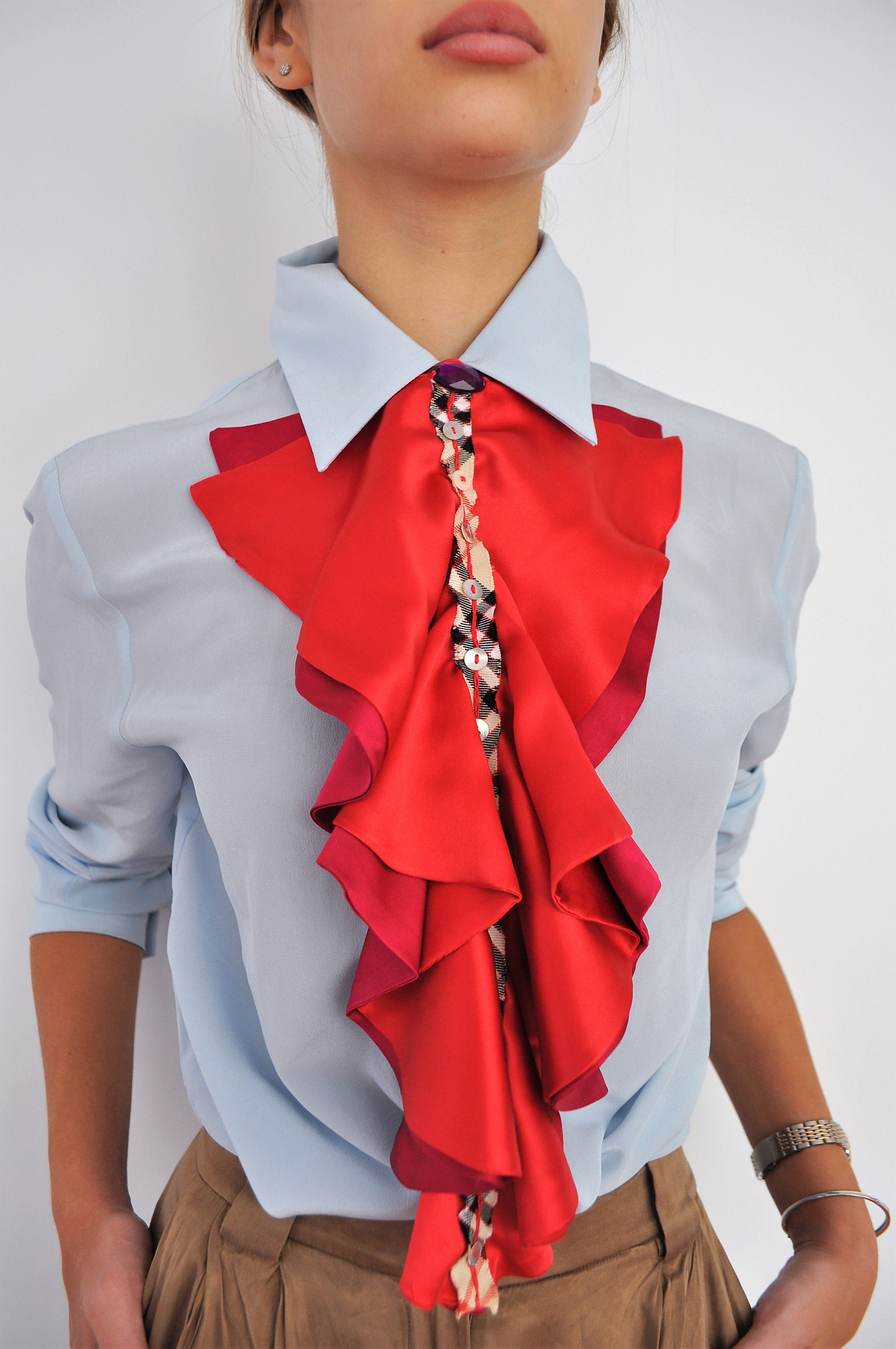 Collar corbata rojo puro seda collar jabot doble capa rojo | Etsy