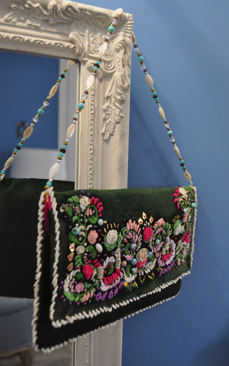 Embroidery Clutch, Brazilian Embroidery, Velvet Clutch Bag, Green ...