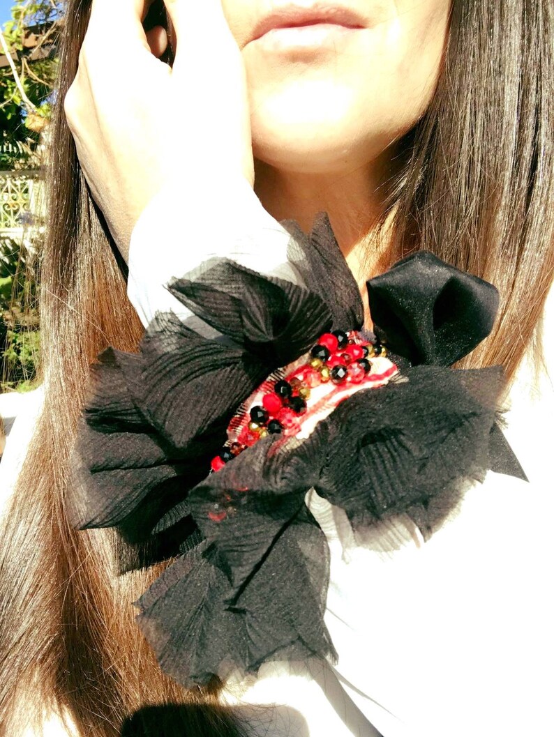 Black Jewel Cuff, Hippie Jewel Cuff, Jewel Cuff With Ties, Ruffle Silk ...