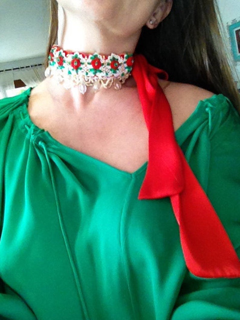 Red Velvet Necklace, Jewel Velvet Choker, Choker Red Long Ties, Beaded ...