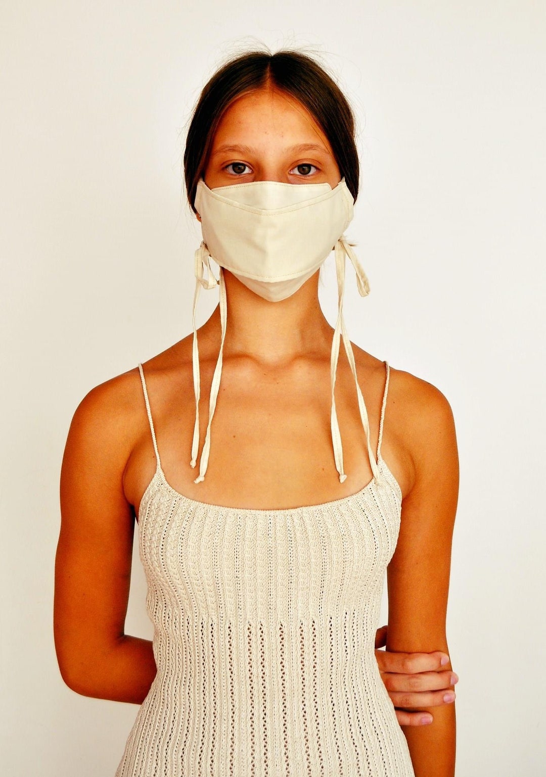 Designer Beige Mask, Mask With Ties, Triple Layer Mask, Decorative Mask ...