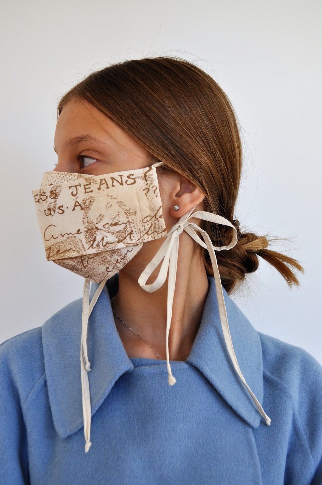 Designer Beige Mask, Mask With Ties, Triple Layer Mask, Decorative Mask ...