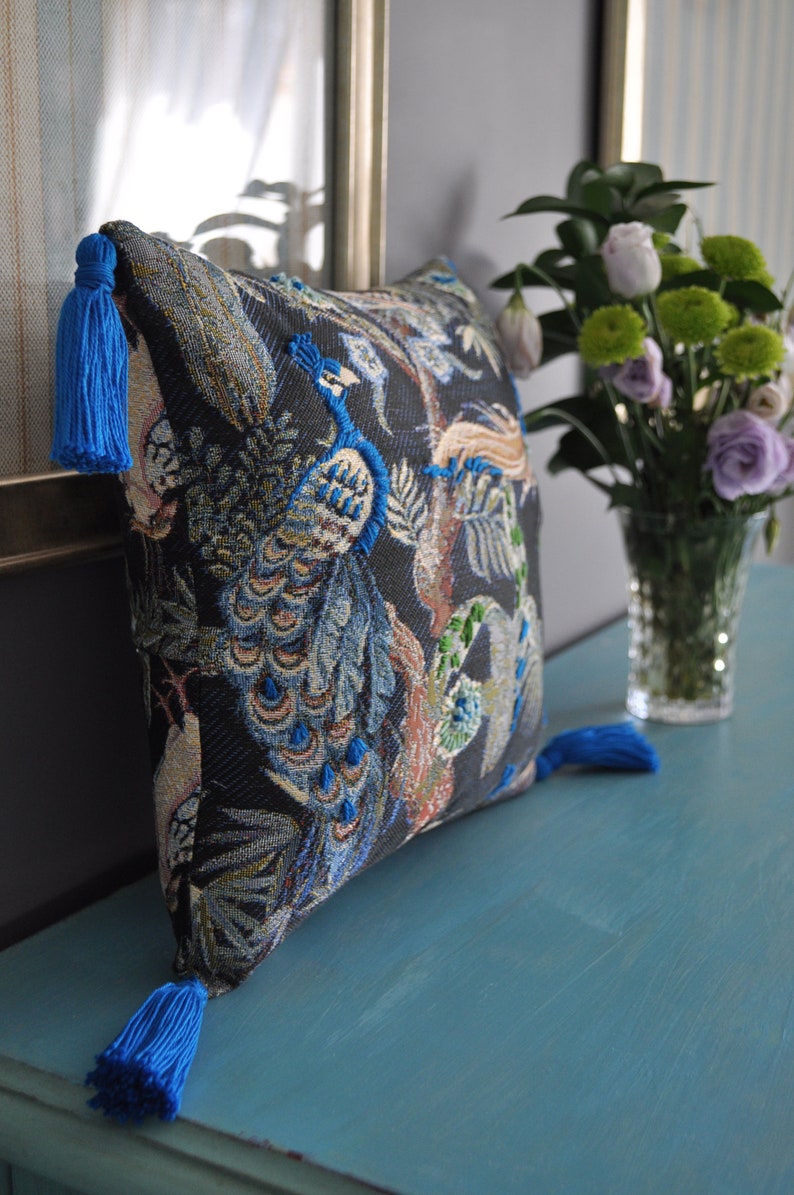 Blue Peacock Cover, Small Tapestry Cover, Retro Style Cushion, Vintage ...