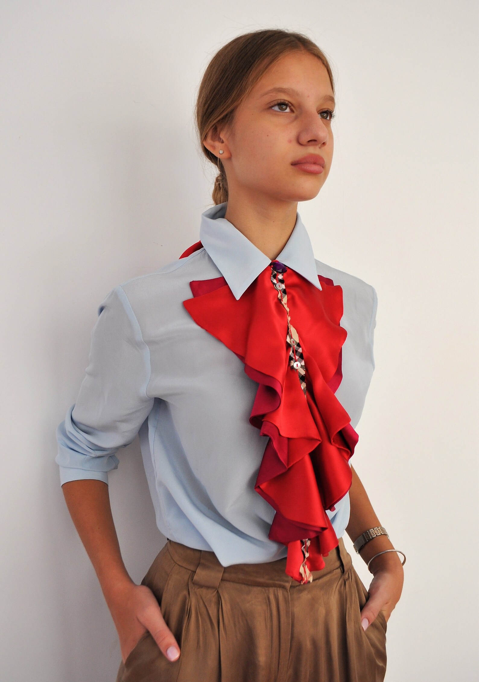 Collar corbata rojo puro seda collar jabot doble capa rojo | Etsy