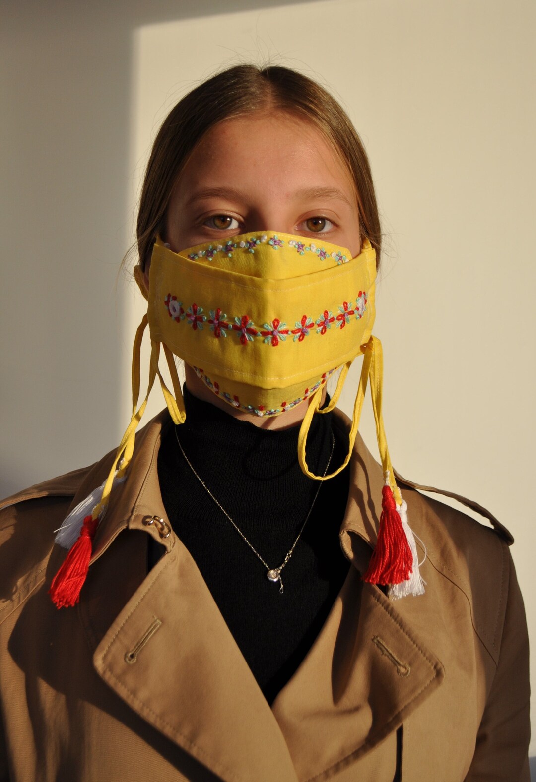 Hand Embroidery Mask, Yellow Face Mask, Triple Layer Mask, Decorative ...