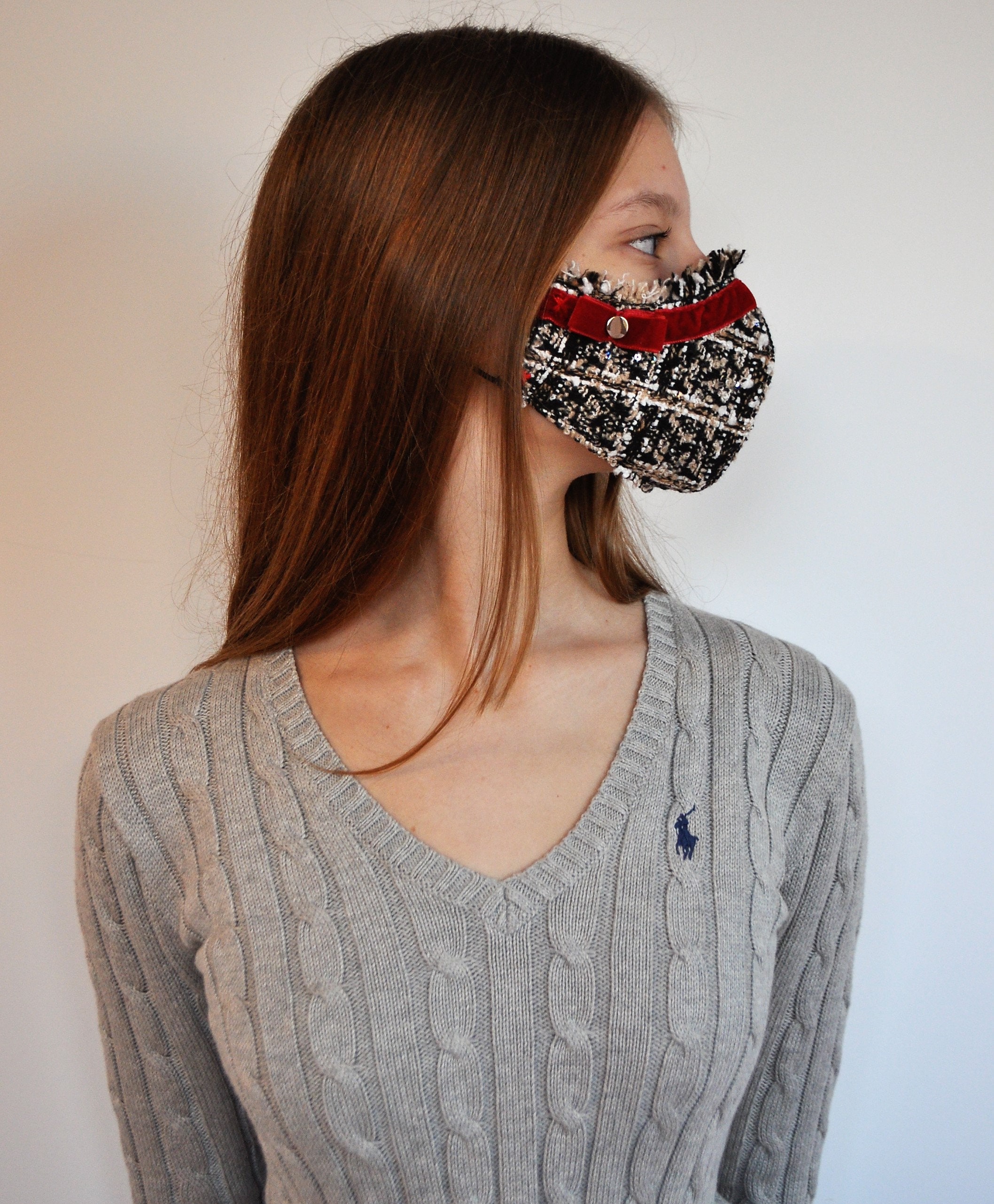 Plaid Tweed Mask, Plaid Fringe Mask, Duoble Layers Mask, Decorative ...