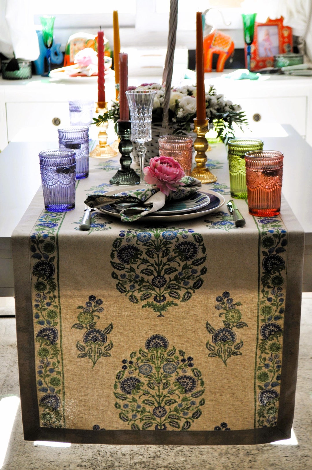 Blue Table Runner, Baroque Style Table, Linen Tablecloth, 2-4 Guest ...