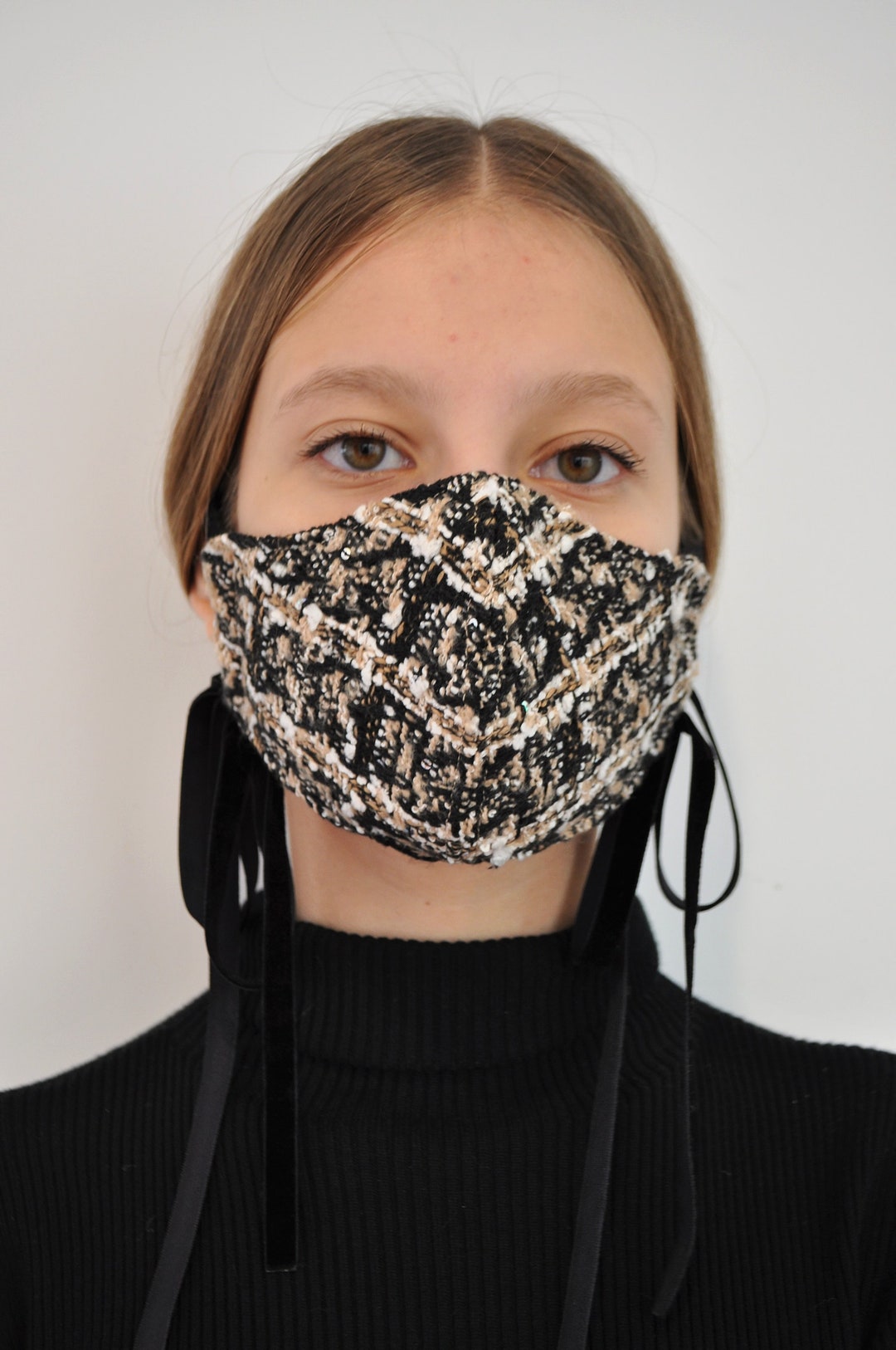 Plaid Tweed Mask, Black Beige Mask, Duoble Layers Mask, Decorative Mask ...