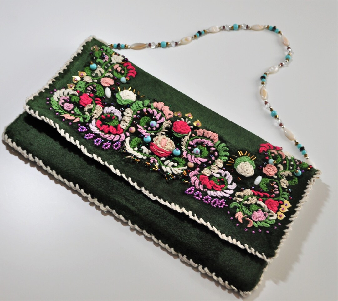 Embroidery Clutch, Brazilian Embroidery, Velvet Clutch Bag, Green ...
