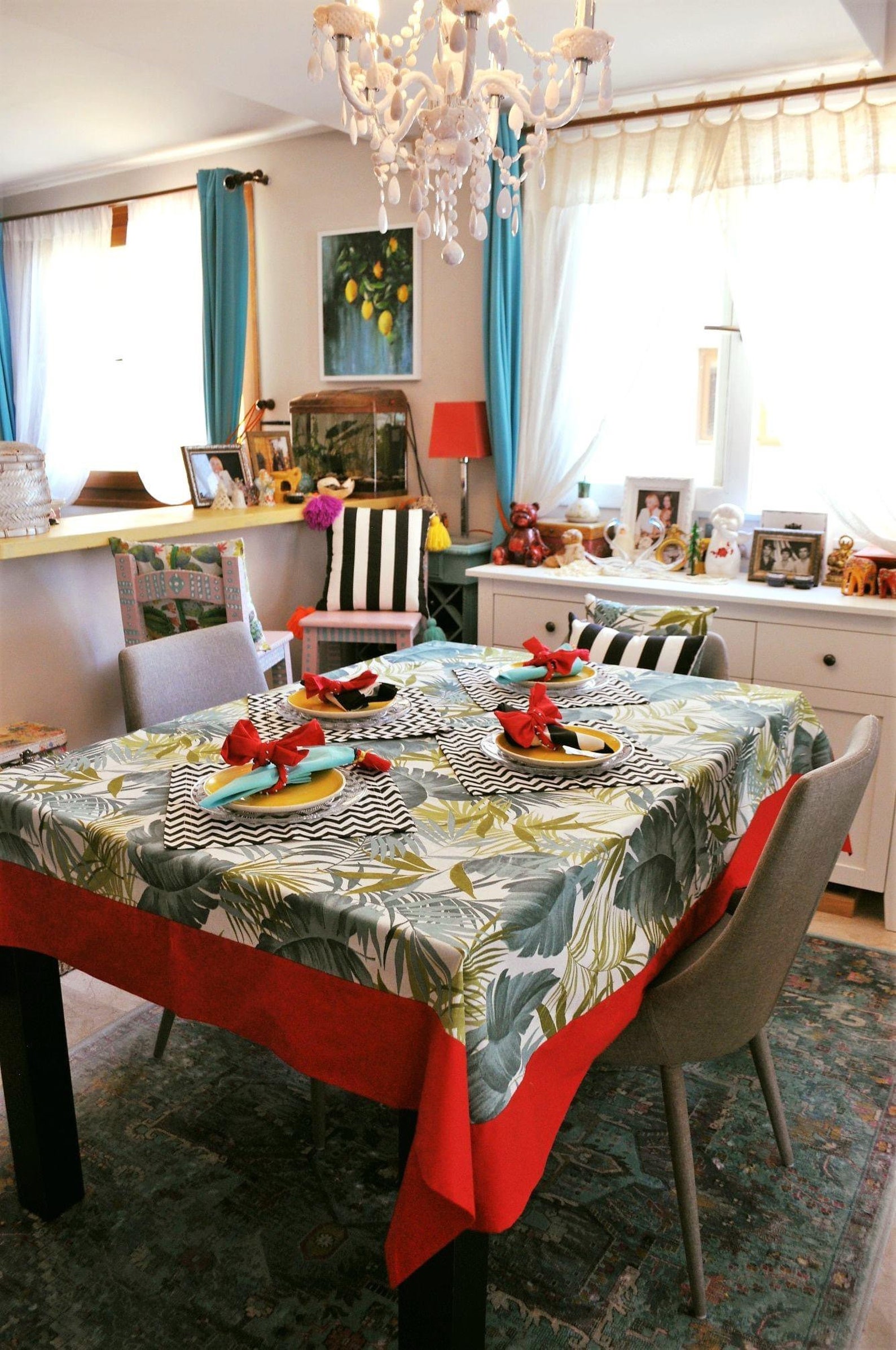Tropical Tablecloth, Green Red Tablecloth, Cotton Tablecloth, Dining ...