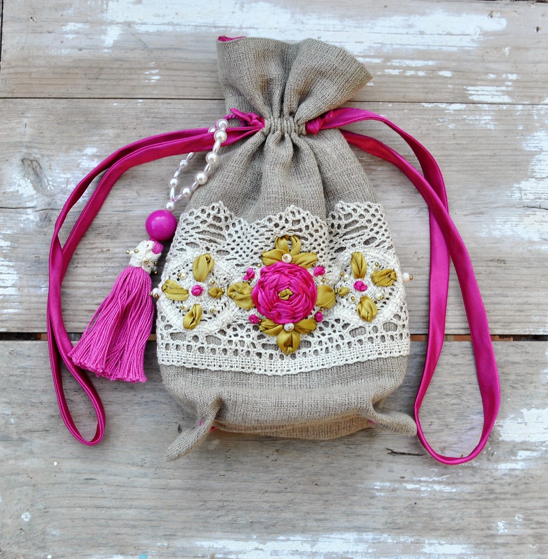 Linen Sack Bag, Linen Rustic Bag, Embroidery Linen Bag, Linen Lace Sack ...