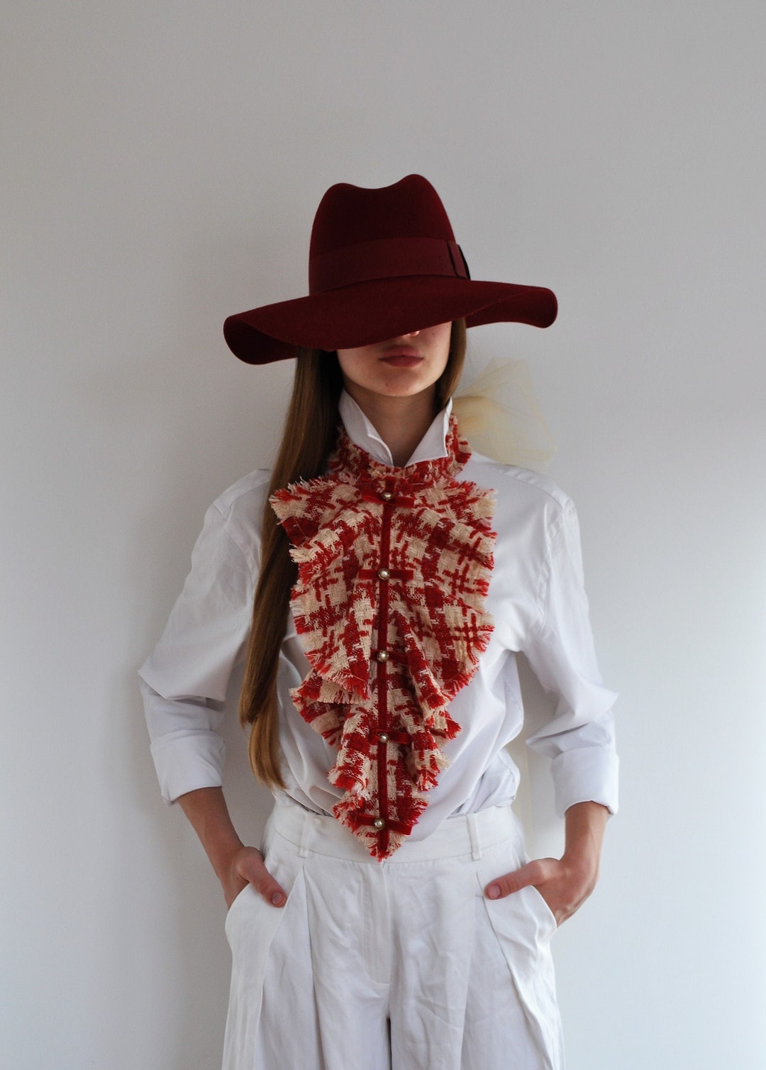 Tweed Ruffle Jabot, Tweed Fringe Jabot, Houndstooth Jabot, Coquillier ...