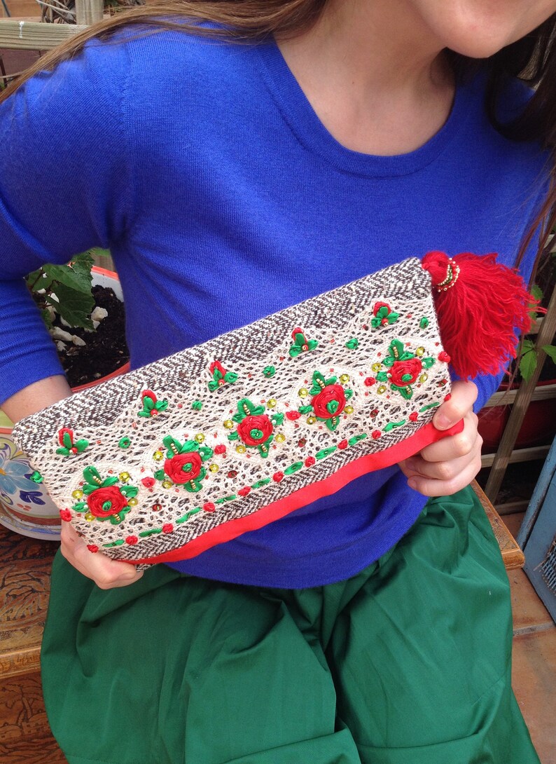 Embroidered Clutch, Hand Embroidered, Lace Tweed Clutch, Wool Tweed ...