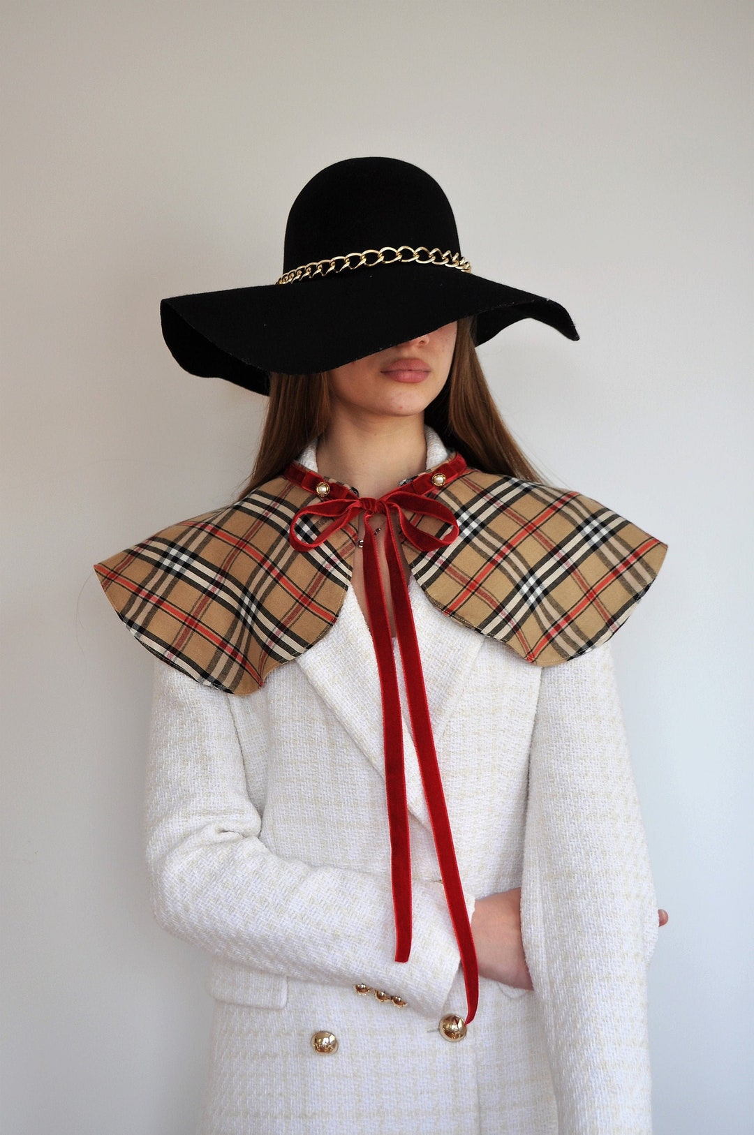 Extra Large Collar, Large Plaid Collar, Plaid Beige Collar, Peter Pan ...
