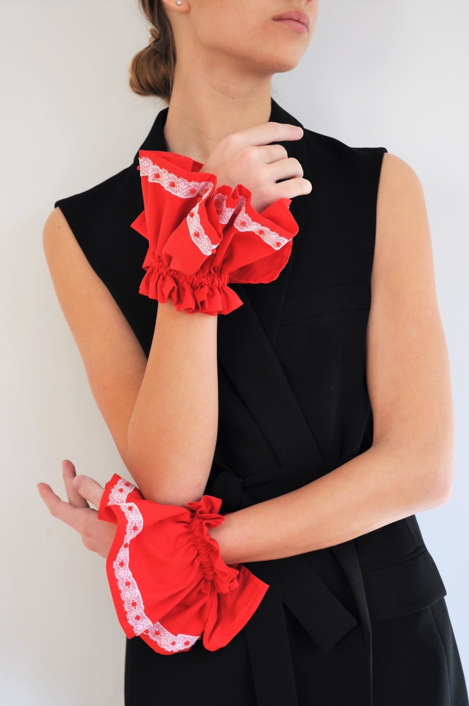 Red Ruffle Cuffs, Ruffle Lace Cuff, Red Cuffs With Ties, Ruffle Cuff ...