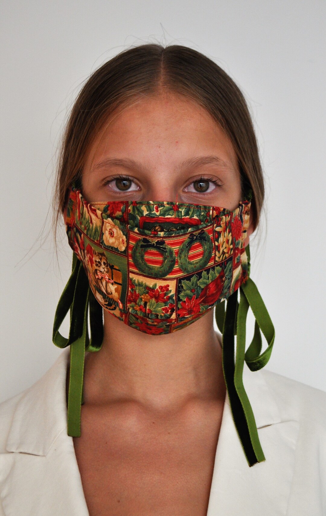 Christmas Print Mask, Velvet Tie Face Mask, Triple Layers Mask ...