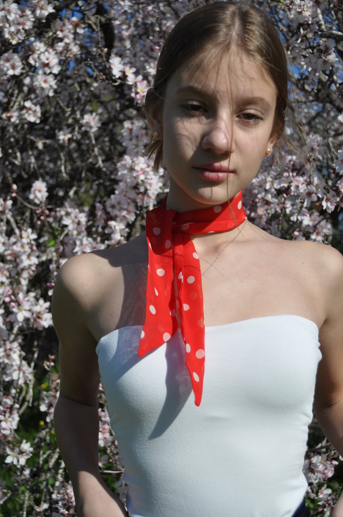 Silky red neck scarf scarf dotted summer small silky scarf | Etsy