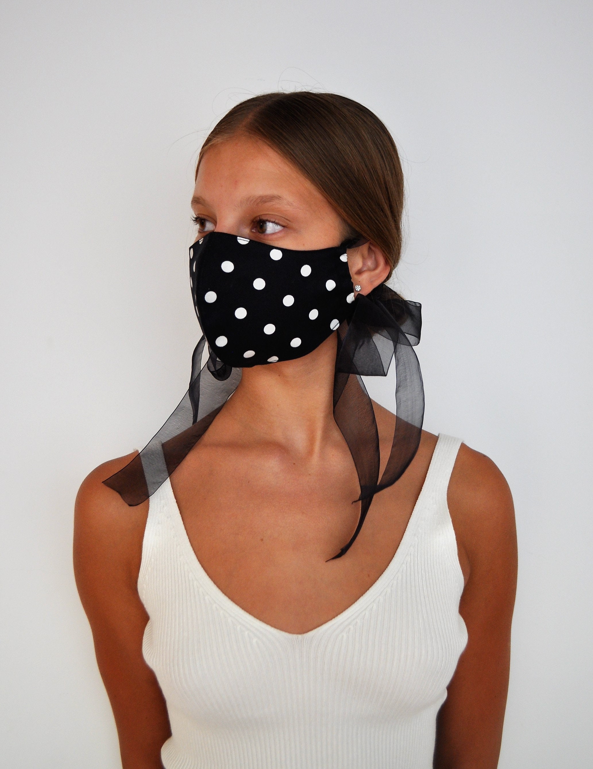 Polka Dot Face Mask, Black Ties Mask, Duoble Layer Mask, Decorative ...