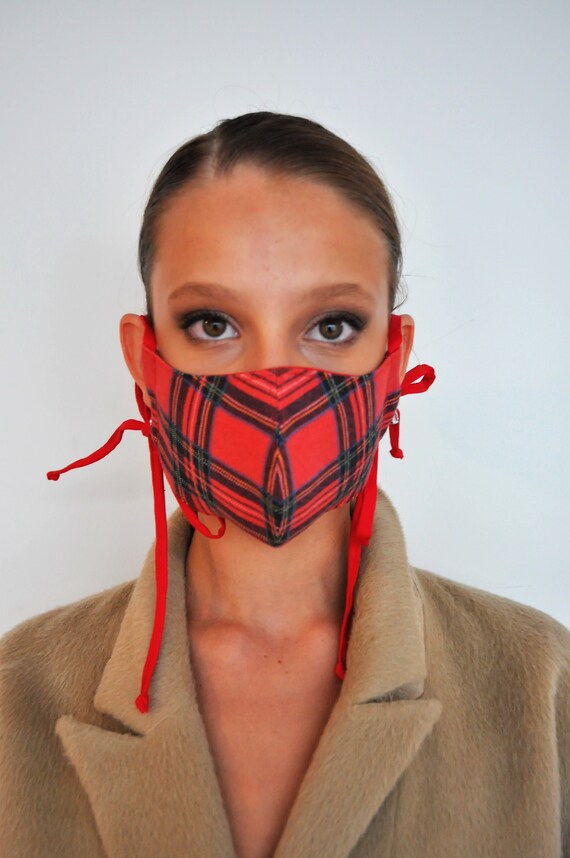 Cotton Plaid Mask Red Black Plaid Mask Triple Layers Mask | Etsy