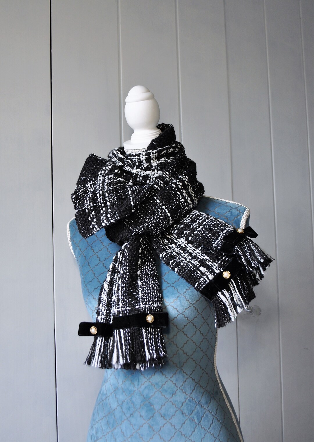 Plaid Tweed Scarf, Tweed Long Scarf, Fringes Tweed Scarf, Velvet Long ...