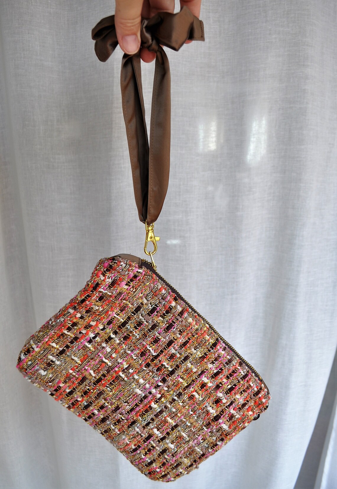 Tweed Clutch Bag, Brown Tweed Clutch, Tweed Small Bag, Toiletry Bag ...
