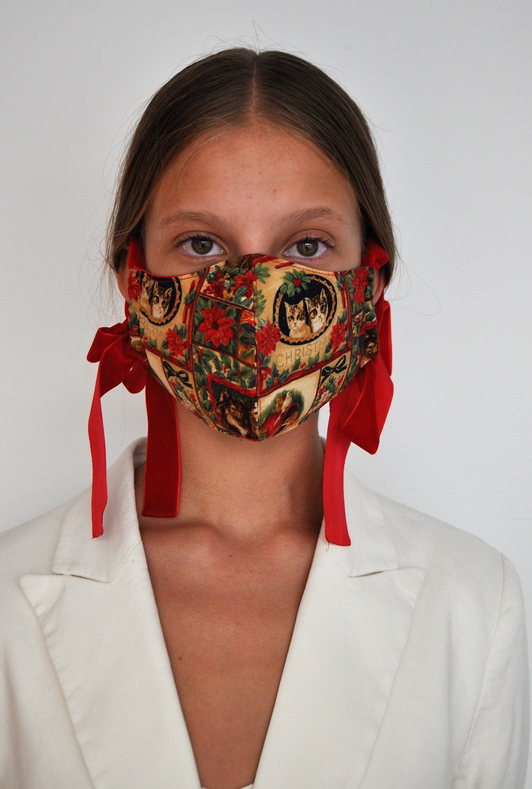 Christmas Print Mask, Velvet Tie Face Mask, Triple Layers Mask ...