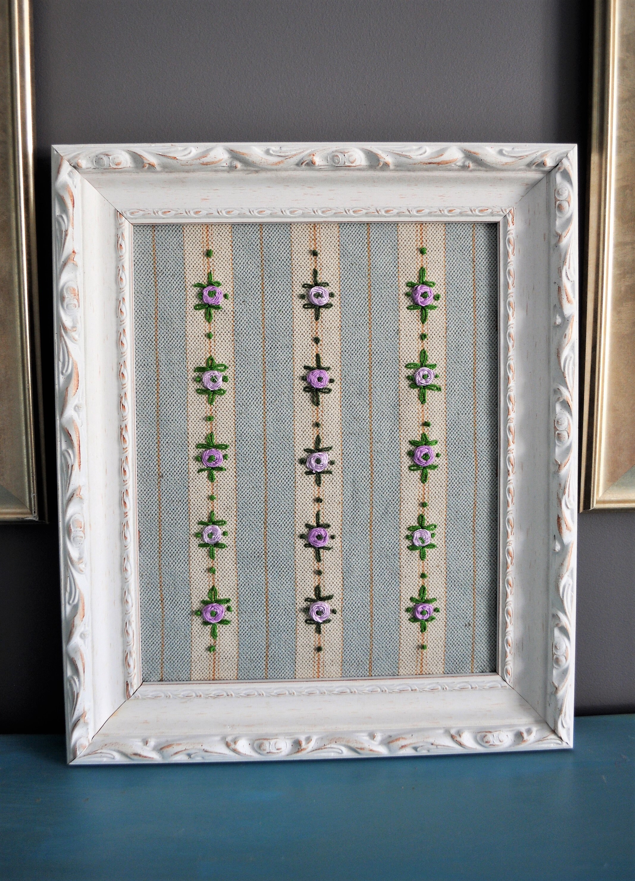Embroidery in Frame, White Wood Frame, Striped Linen Frame, Hand ...