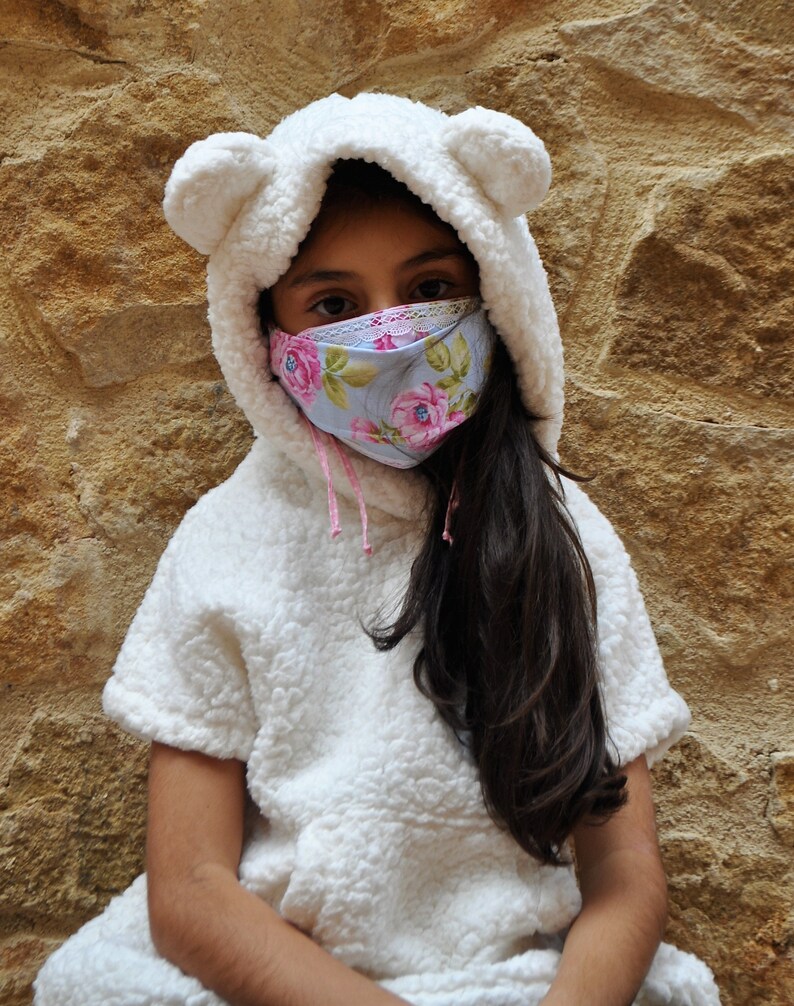 Girls Rustic Mask, Blue Mask Long Ties, Duoble Layer Mask, Blue Lace ...