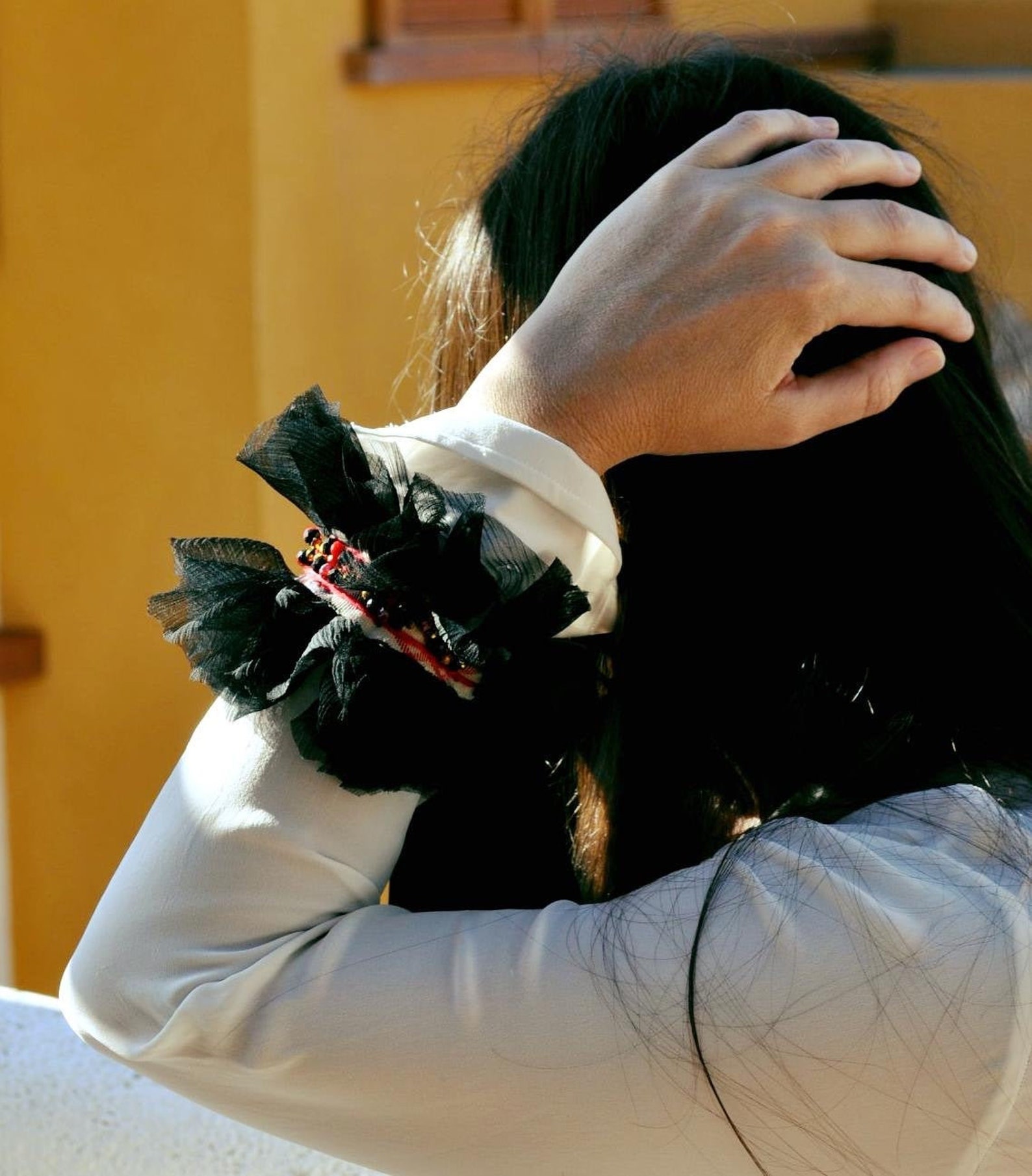Black Jewel Cuff, Hippie Jewel Cuff, Jewel Cuff With Ties, Ruffle Silk ...