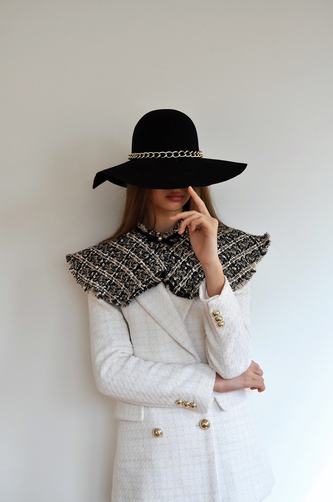 Extra large collar tweed fringes collar plaid tweed collar | Etsy